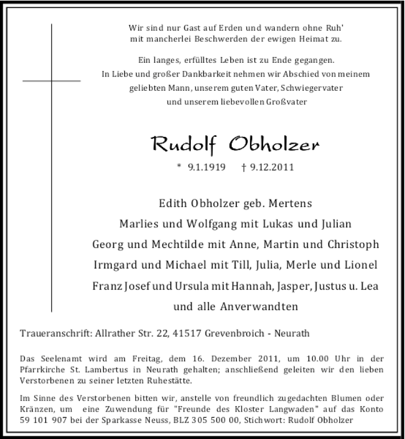 Alle Traueranzeigen für Rudolf Obholzer | trauer.rp-online.de