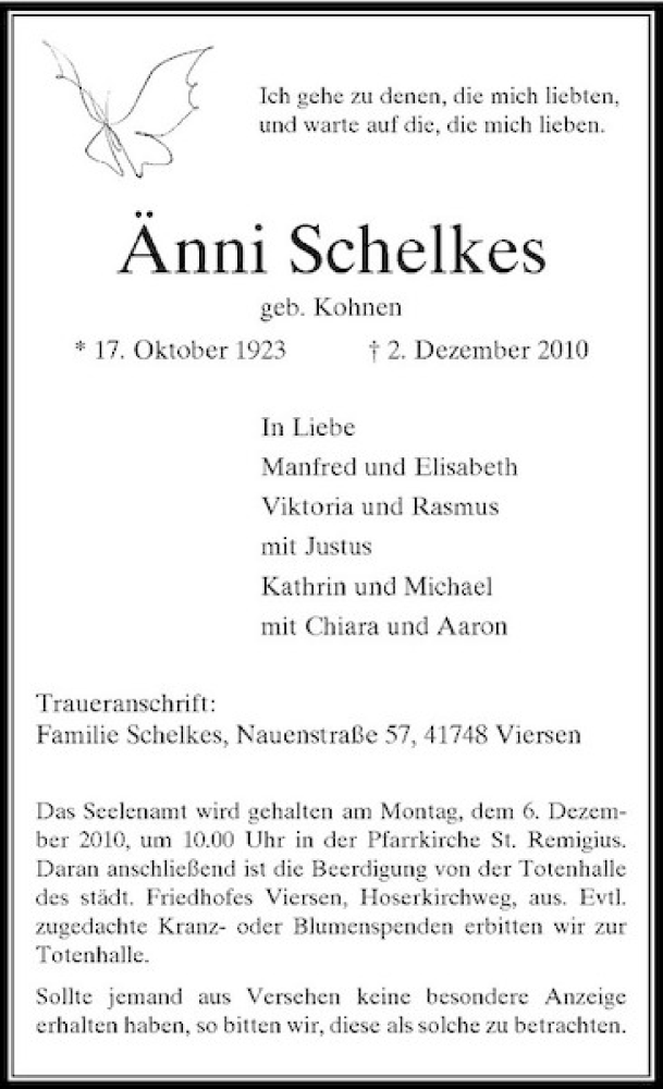 Alle Traueranzeigen für Änni Schelkes | trauer.rp-online.de