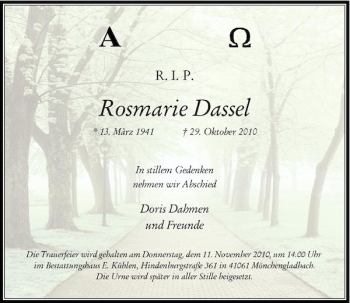Alle Traueranzeigen für Rosmarie Dassel | trauer.rp-online.de