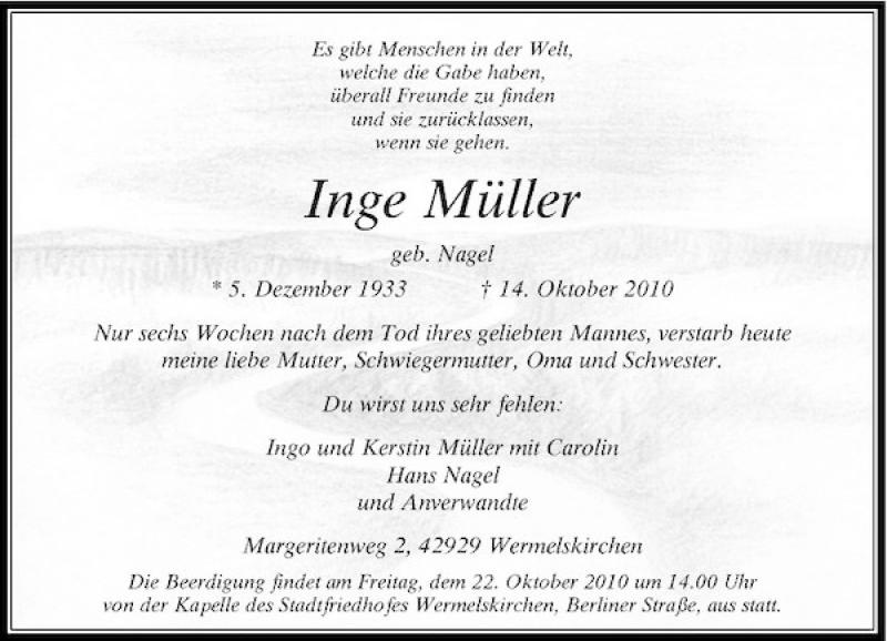 Alle Traueranzeigen für Inge Müller | trauer.rp-online.de