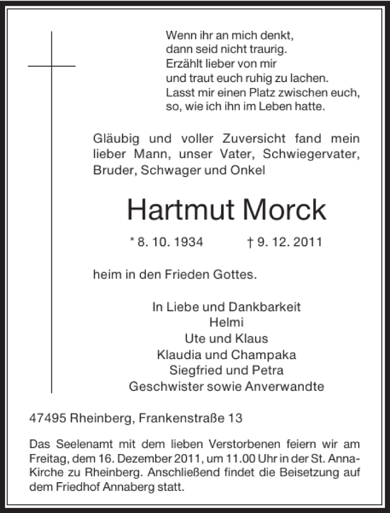 Alle Traueranzeigen für Hartmut Morck | trauer.rp-online.de