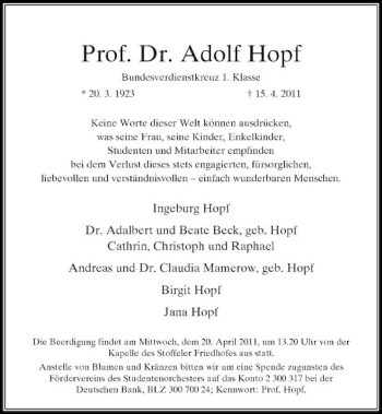 Alle Traueranzeigen für Prof. Dr. Adolf Hopf | trauer.rp-online.de