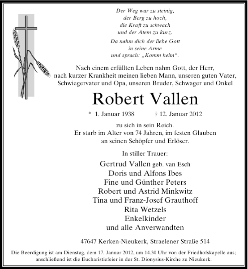 Alle Traueranzeigen für Robert Vallen | trauer.rp-online.de
