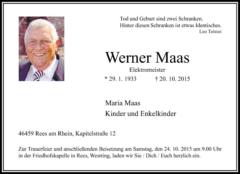 Alle Traueranzeigen für Werner Maas | trauer.rp-online.de