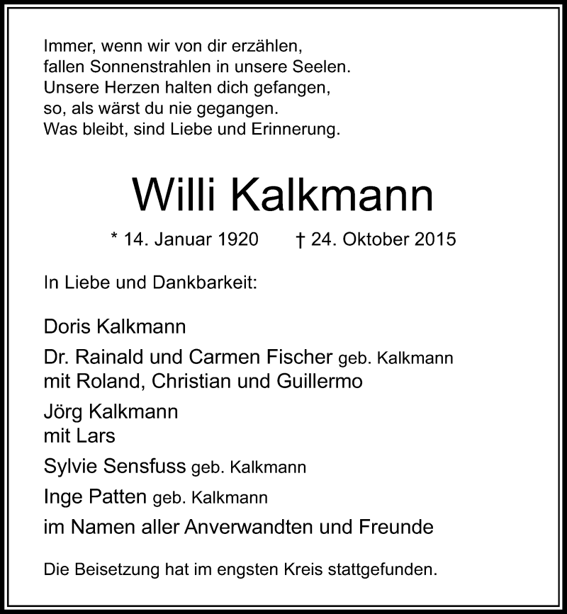 Alle Traueranzeigen für Willi Kalkmann | trauer.rp-online.de