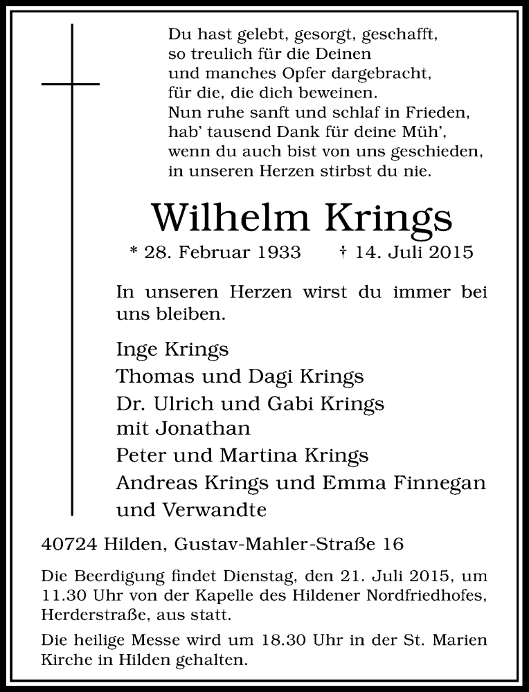 Alle Traueranzeigen für Wilhelm Krings | trauer.rp-online.de