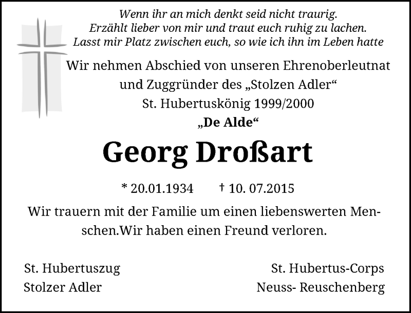 Alle Traueranzeigen für Georg Droßart | trauer.rp-online.de