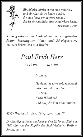 Alle Traueranzeigen für Paul Erich Herr | trauer.rp-online.de