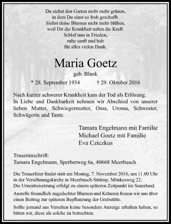 Alle Traueranzeigen für Maria Goetz | trauer.rp-online.de