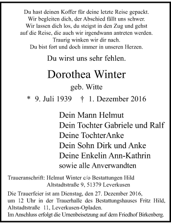 Alle Traueranzeigen für Dorothea Winter | trauer.rp-online.de