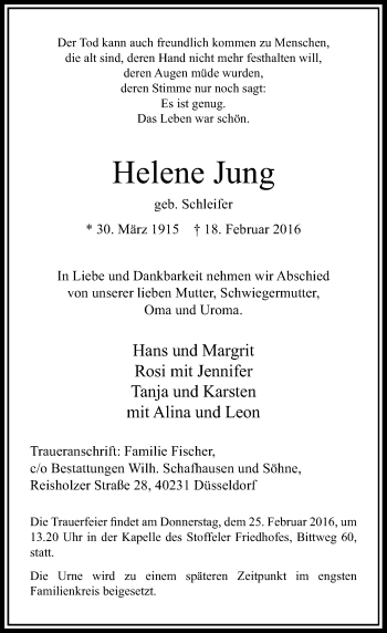 Alle Traueranzeigen für Helene Jung | trauer.rp-online.de