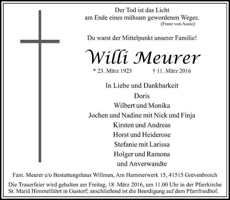 Alle Traueranzeigen für Willi Meurer | trauer.rp-online.de