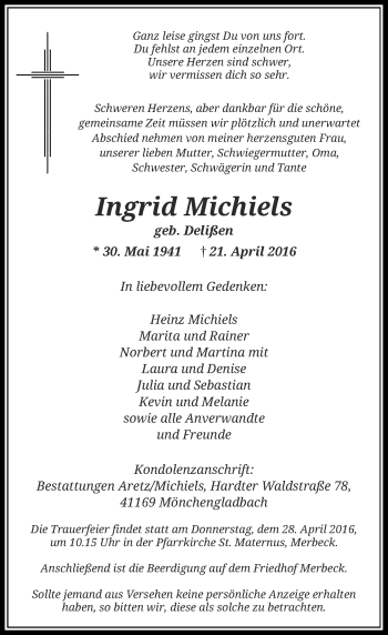 Alle Traueranzeigen für Ingrid Michiels | trauer.rp-online.de