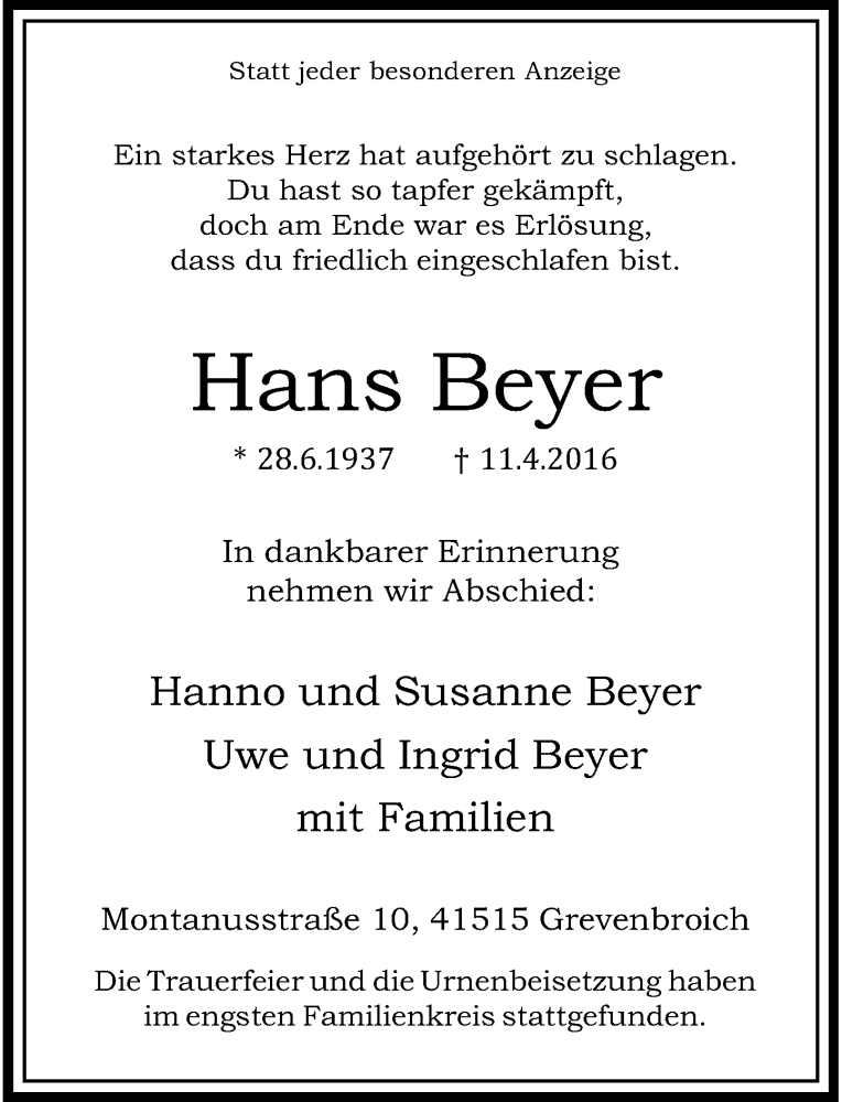 Alle Traueranzeigen für Hans Beyer | trauer.rp-online.de