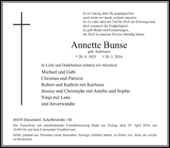 Alle Traueranzeigen für Annette Bunse | trauer.rp-online.de