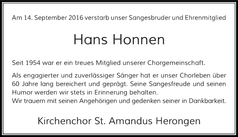 Alle Traueranzeigen für Hans Honnen | trauer.rp-online.de