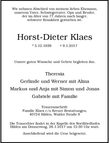 Alle Traueranzeigen für Horst-Dieter Klaes | trauer.rp-online.de