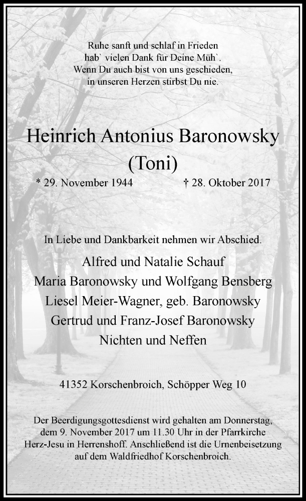 Alle Traueranzeigen für Heinrich Antonius Baronowsky | trauer.rp-online.de