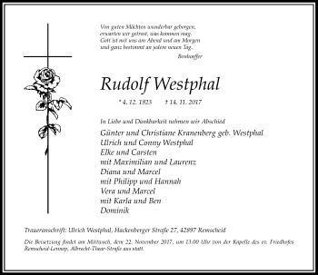 Alle Traueranzeigen für Rudolf Westphal | trauer.rp-online.de