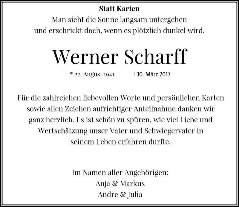 Alle Traueranzeigen für Werner Scharff | trauer.rp-online.de