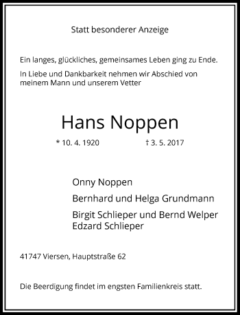 Alle Traueranzeigen für Hans Noppen | trauer.rp-online.de