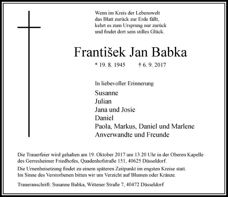 Alle Traueranzeigen für Frantigek Jan Babka | trauer.rp-online.de