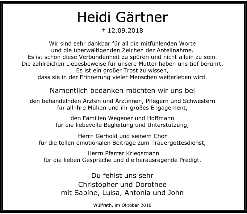 Alle Traueranzeigen für Heidi Gärtner | trauer.rp-online.de