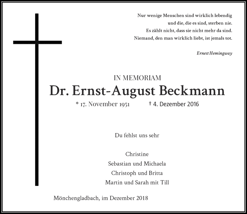 Alle Traueranzeigen für Ernst-August Beckmann | trauer.rp-online.de