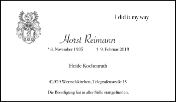 Alle Traueranzeigen für Horst Reimann | trauer.rp-online.de