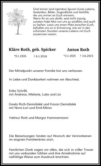 Alle Traueranzeigen für Kläre und Anton Roth | trauer.rp-online.de