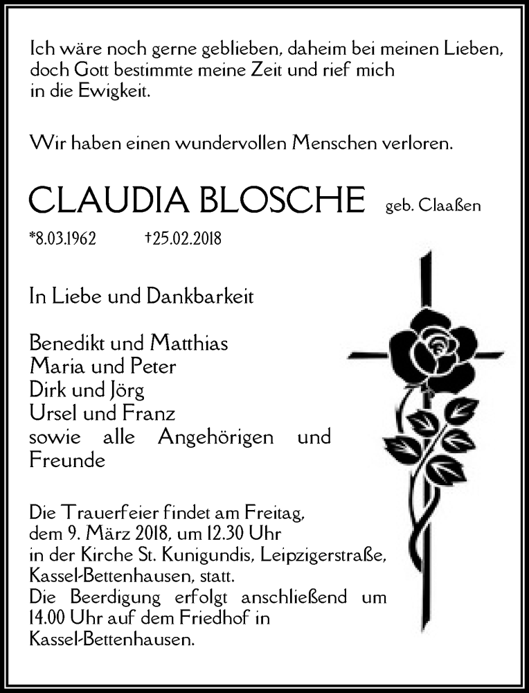 Alle Traueranzeigen für Claudia Blosche | trauer.rp-online.de