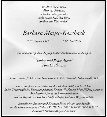 Alle Traueranzeigen für Barbara Mayer-Koschack | trauer.rp-online.de