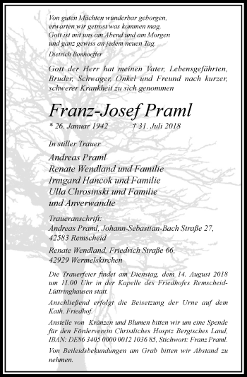 Alle Traueranzeigen für Franz-Josef Praml | trauer.rp-online.de