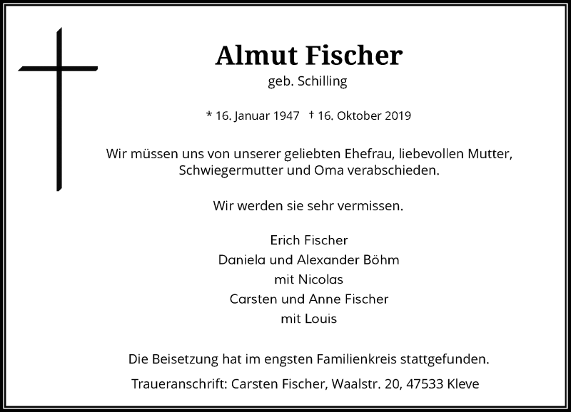 Alle Traueranzeigen für Almut Fischer | trauer.rp-online.de