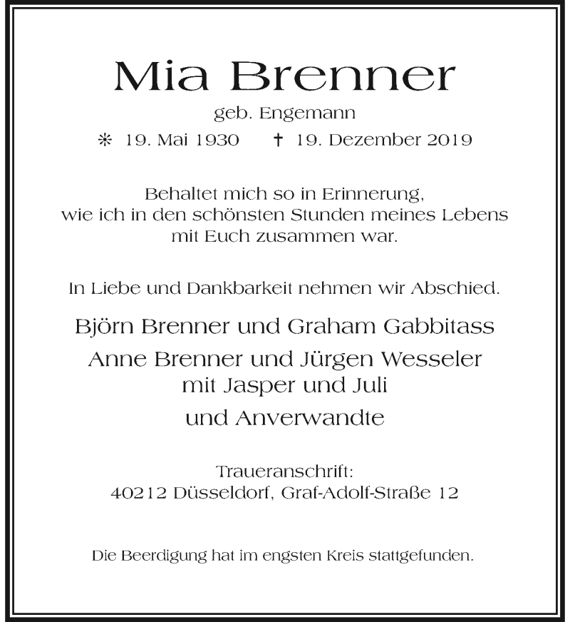 Alle Traueranzeigen für Mia Brenner | trauer.rp-online.de