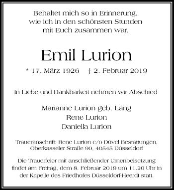 Alle Traueranzeigen für Emil Lurion | trauer.rp-online.de