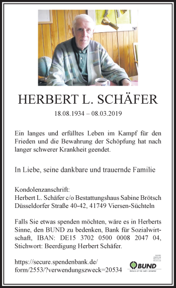 Alle Traueranzeigen für Herbert L. Schäfer | trauer.rp-online.de