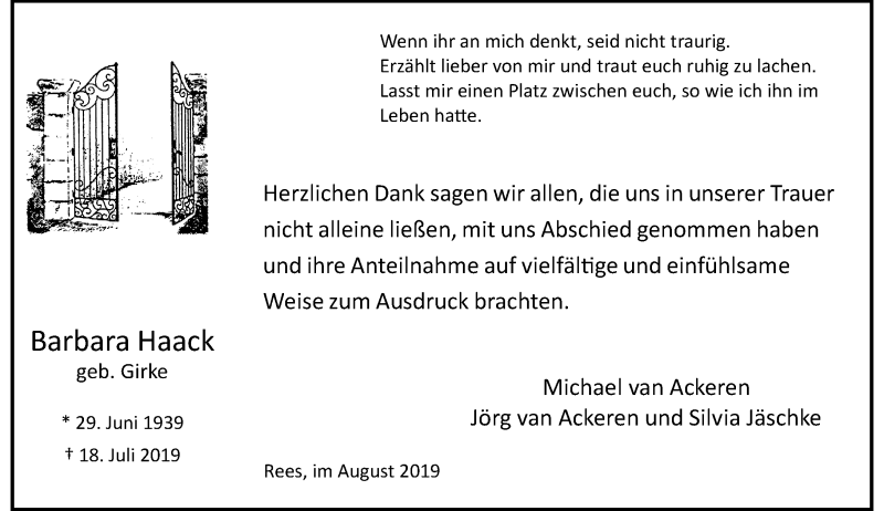 Alle Traueranzeigen für Barbara Haack | trauer.rp-online.de