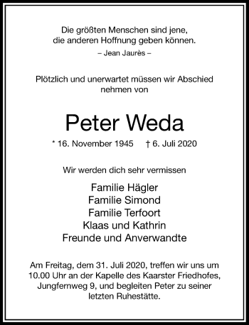 Alle Traueranzeigen für Peter Weda | trauer.rp-online.de