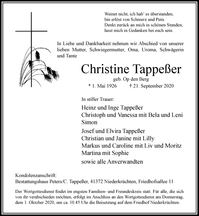 Alle Traueranzeigen für Christine Tappeßer | trauer.rp-online.de