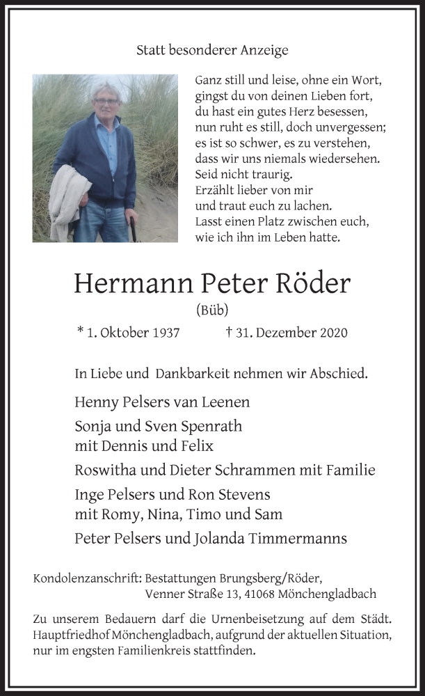 Alle Traueranzeigen für Hermann Peter Röder | trauer.rp-online.de