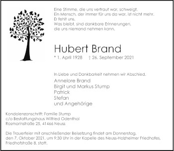 Alle Traueranzeigen für Hubert Brand | trauer.rp-online.de