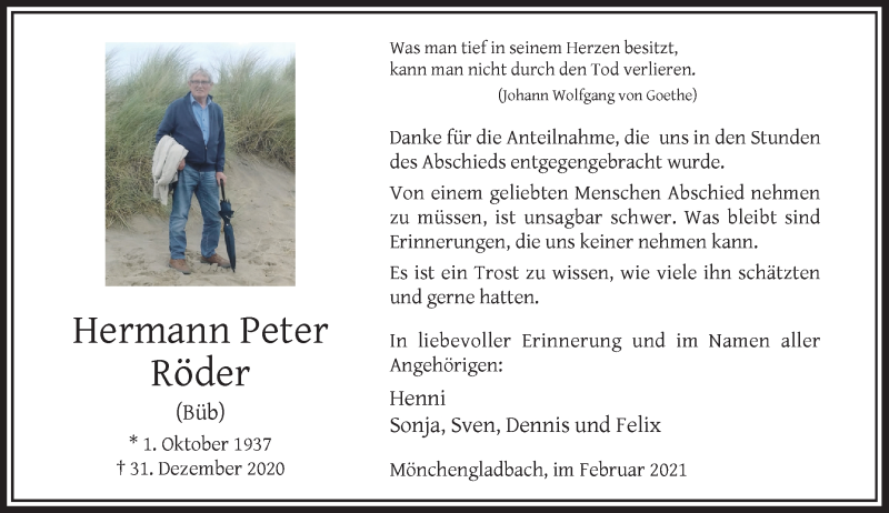 Alle Traueranzeigen für Hermann Peter Röder | trauer.rp-online.de