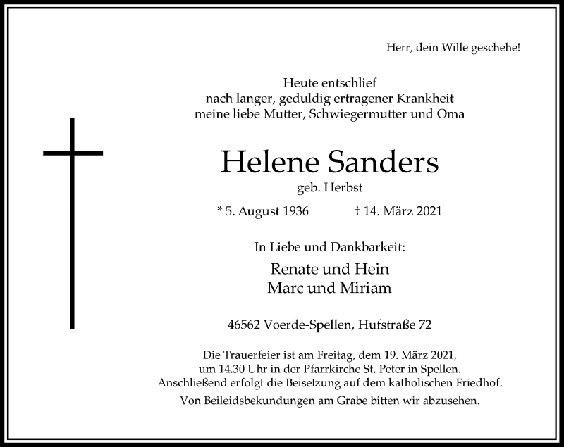 Alle Traueranzeigen für Helene Sanders | trauer.rp-online.de