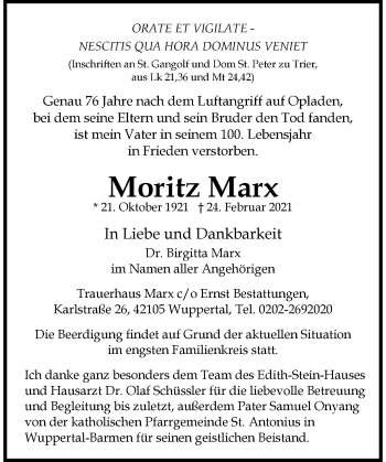 Alle Traueranzeigen für Moritz Marx | trauer.rp-online.de