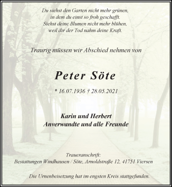Alle Traueranzeigen für Peter Söte | trauer.rp-online.de
