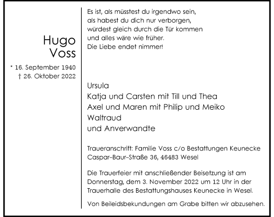 Alle Traueranzeigen für Hugo Voss | trauer.rp-online.de