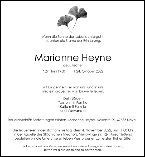 Alle Traueranzeigen für Marianne Heyne | trauer.rp-online.de