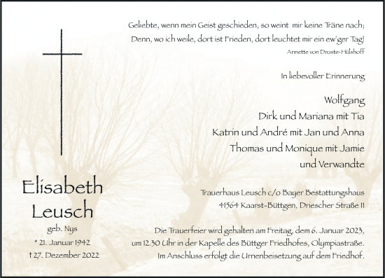 Alle Traueranzeigen für Elisabeth Leusch | trauer.rp-online.de