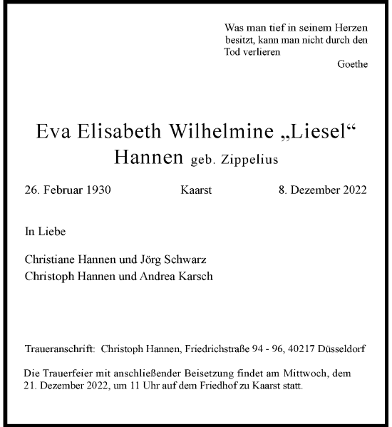 Alle Traueranzeigen für Eva Elisabeth Wilhelmine Hannen | trauer.rp ...